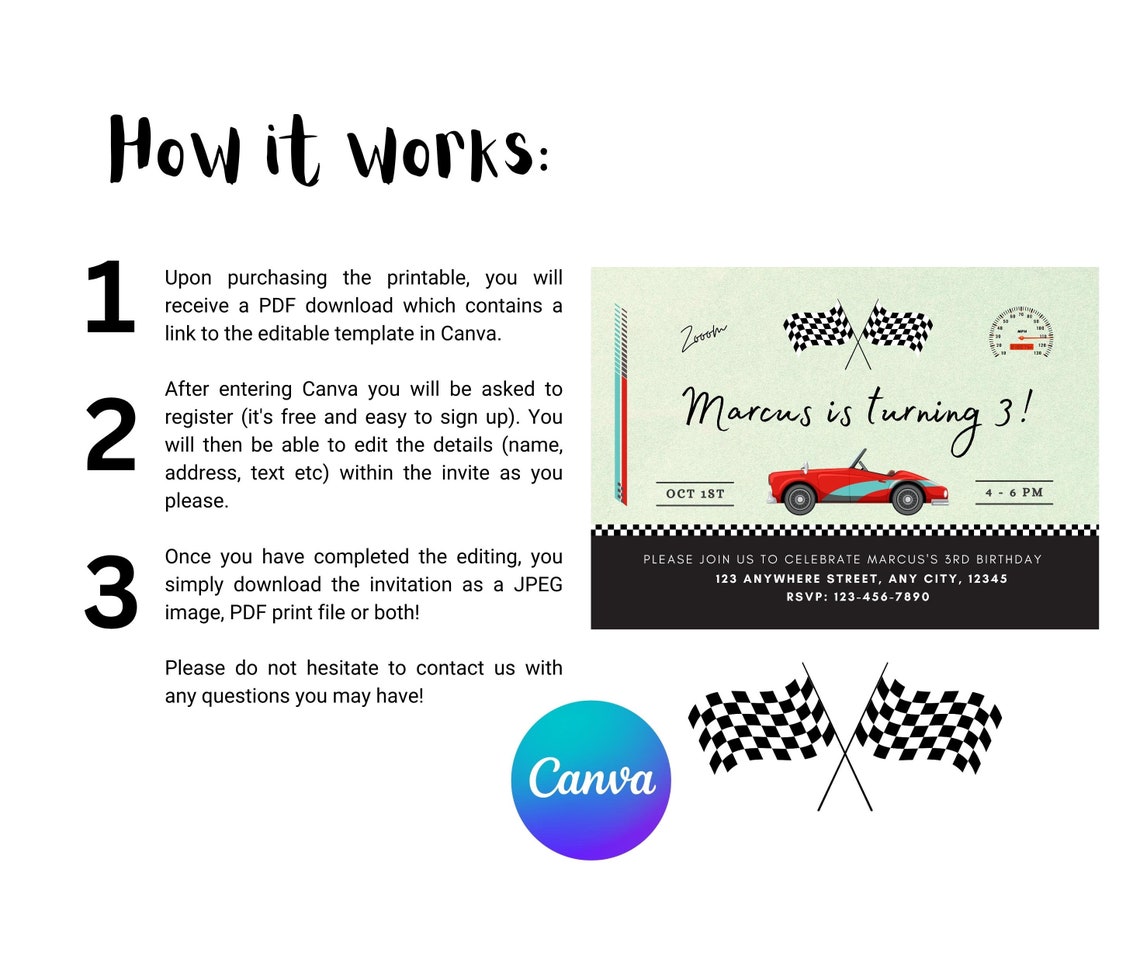 Editable Race Car Birthday Invitation, Digital Template Instant ...