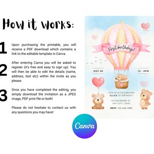 Editable Hot Air Balloon Birthday Invitation Pink Template - Etsy