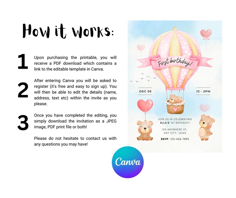 Editable Hot Air Balloon Birthday Invitation Pink Template - Etsy