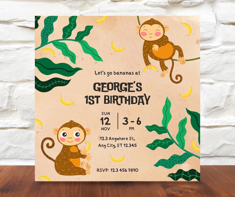 Editable Monkey in the Jungle Invitation, Let's Go Bananas, Kids ...