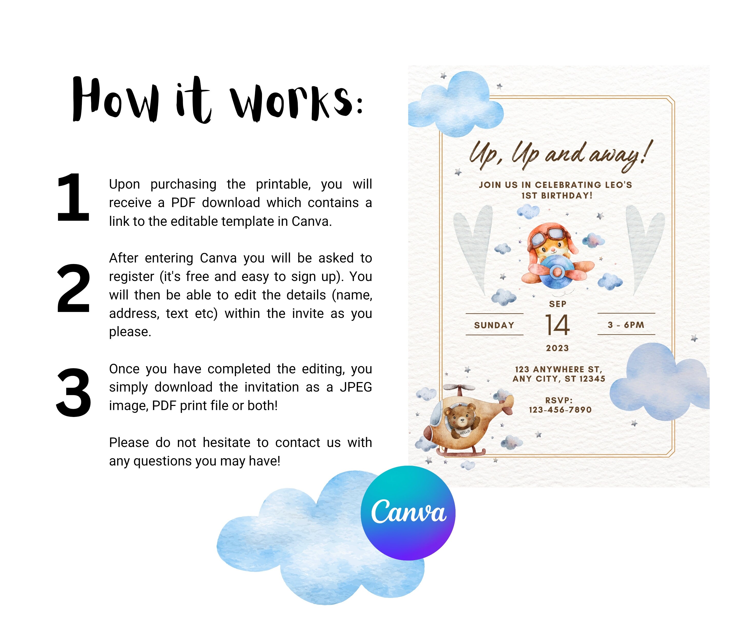 Editable Aeroplane Birthday Invitation, Teddy Bear, Aviation, Flying ...