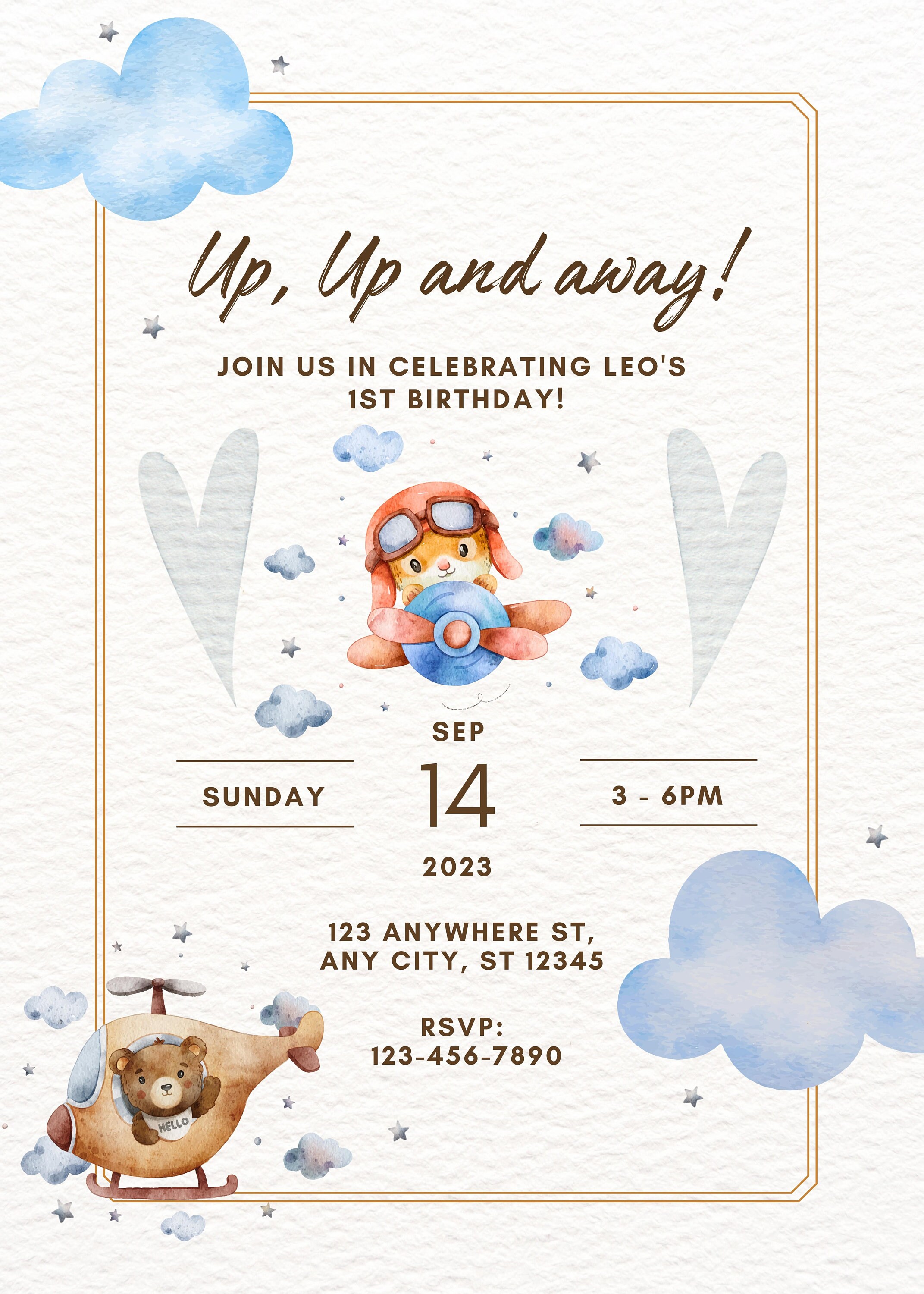 Editable Aeroplane Birthday Invitation, Teddy Bear, Aviation, Flying ...