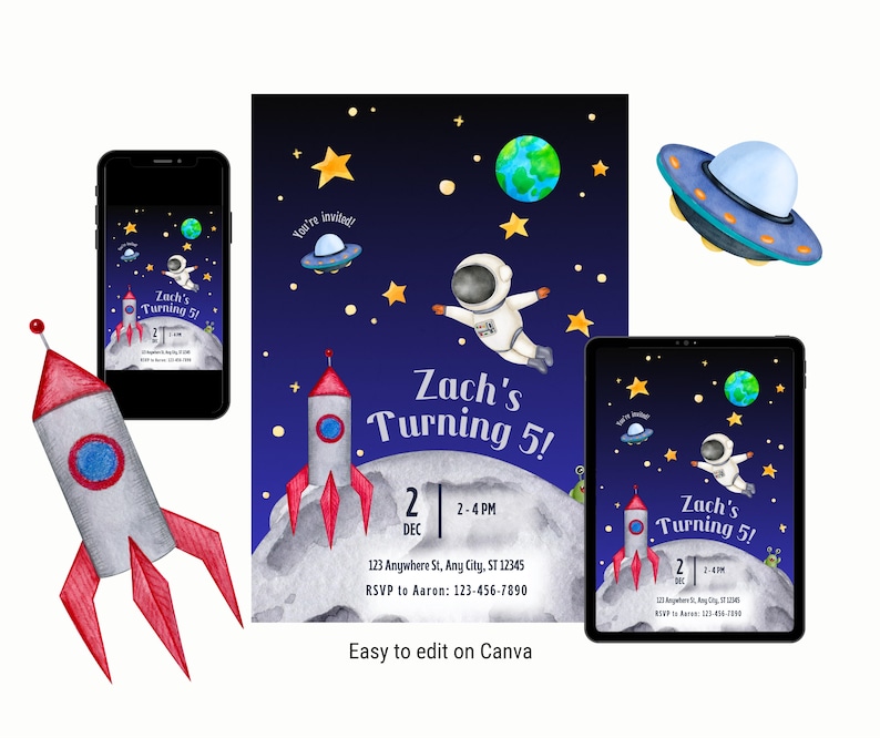 Editable Space Birthday Invitation, Astronaut, Rocket, Aliens, Digital ...