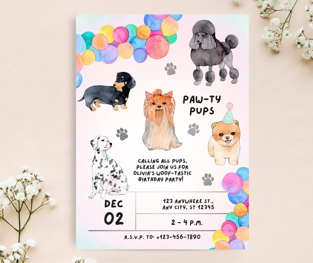 Editable Dog Themed Birthday Invitation, Puppies, Digital Template ...