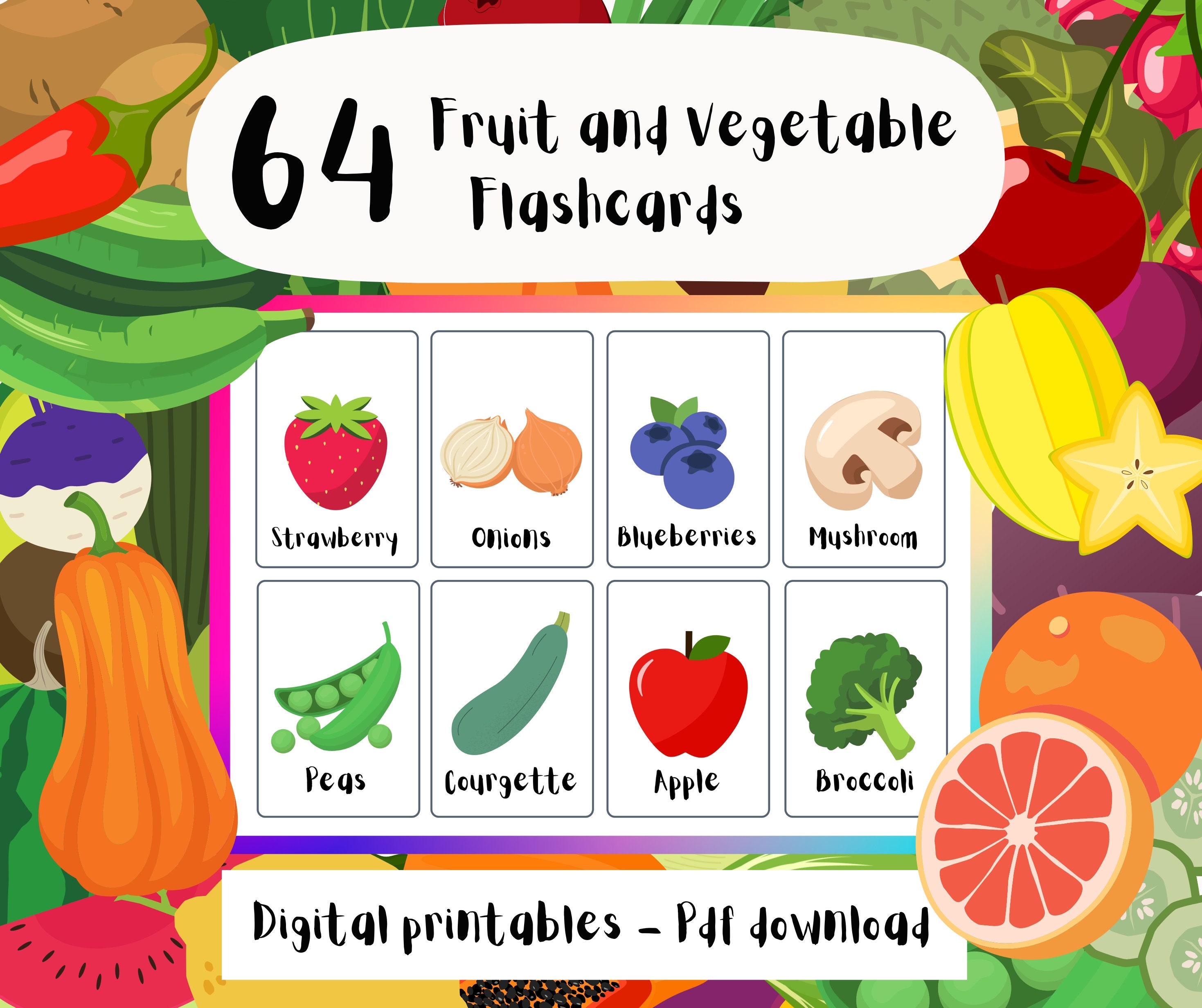 Fruits and Vegetables, Educational Flashcards for Children, 64 ...