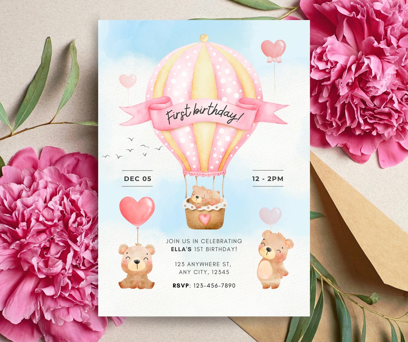 Editable Hot Air Balloon Birthday Invitation Pink Template - Etsy
