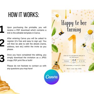 Editable Bee Birthday Invitation, First Birthday, Honey, Digital ...