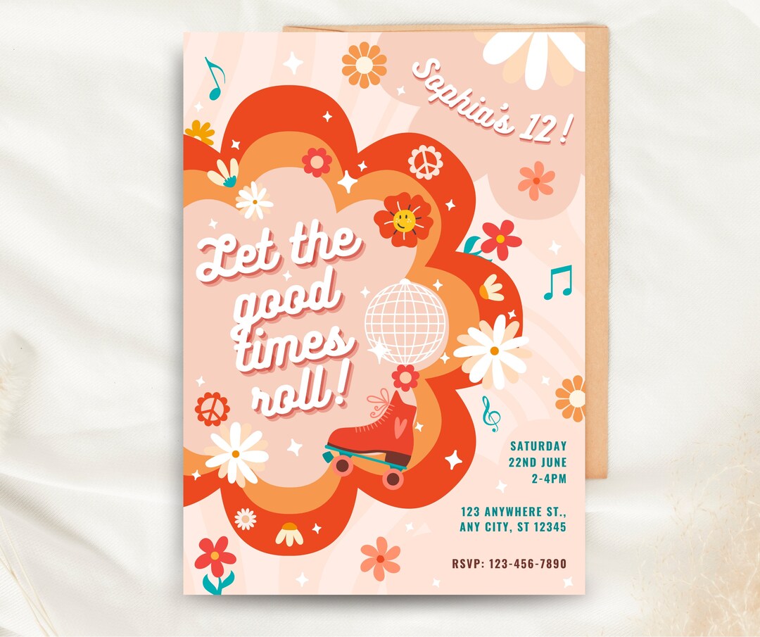 Editable Retro Roller Skating Birthday Invitation, Disco, Digital ...