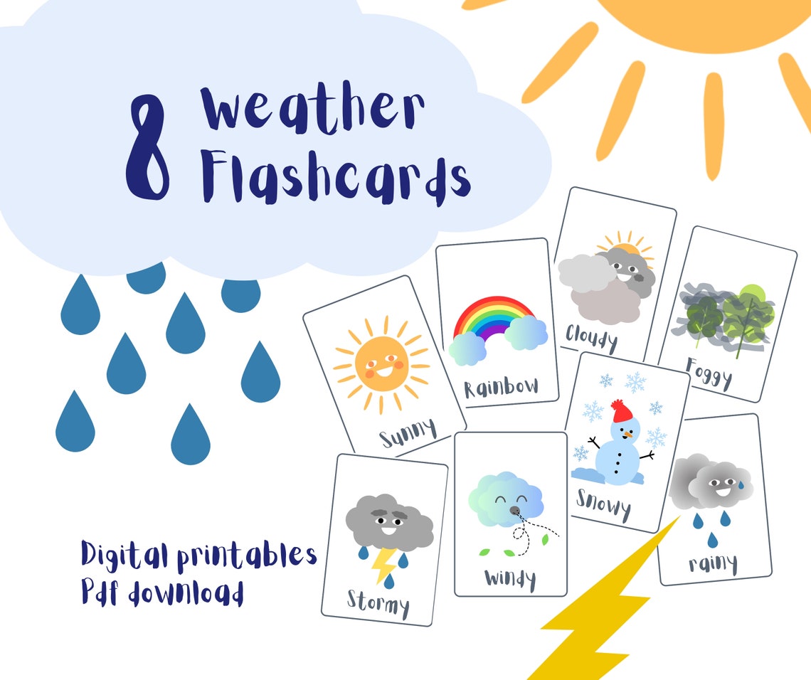 Children's Printable Weather Flashcards, PDF Download, 8 Flashcards - Etsy