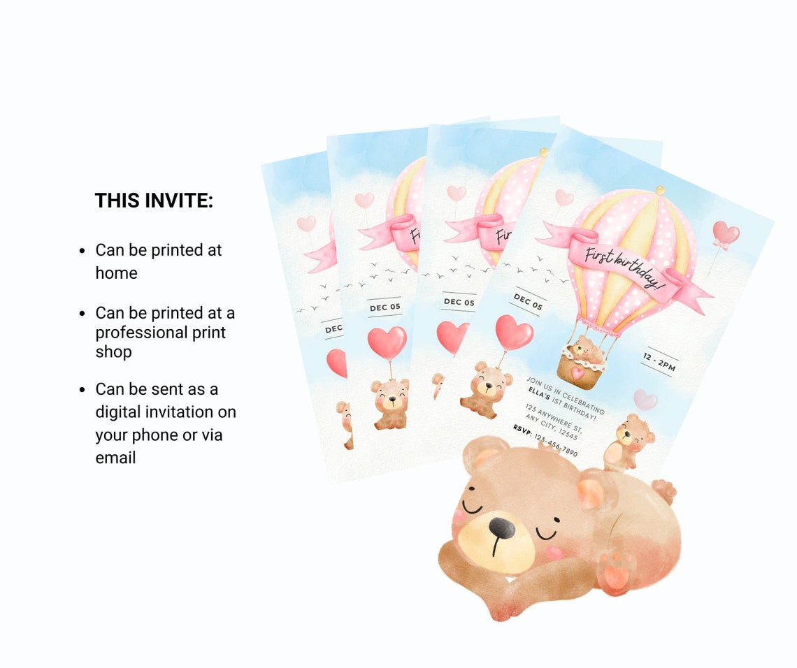 Editable Hot Air Balloon Birthday Invitation Pink Template - Etsy