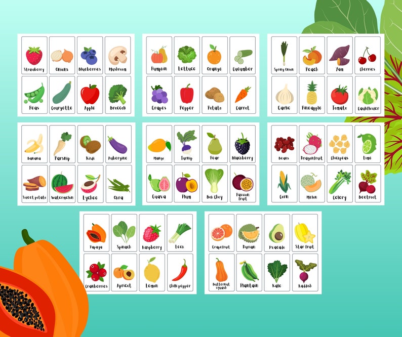Fruits and Vegetables, Educational Flashcards for Children, 64 ...