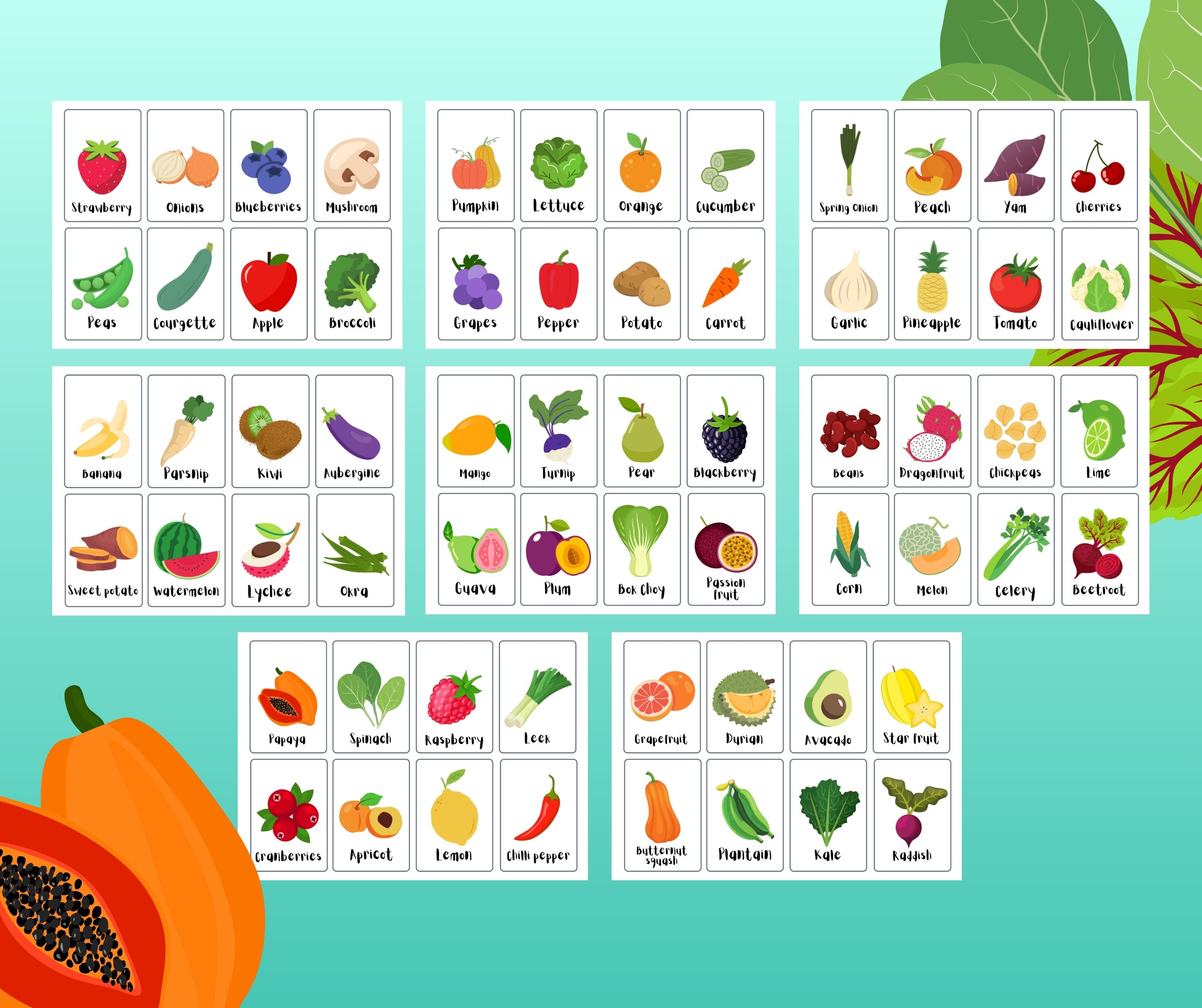 Fruits and Vegetables, Educational Flashcards for Children, 64 ...