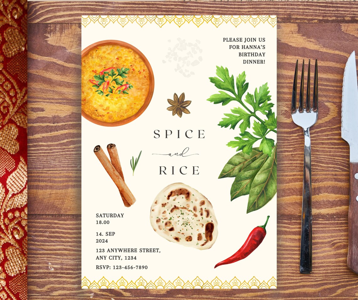 Curry Dinner Party Birthday Invitation: Asian Food Theme (digital ...