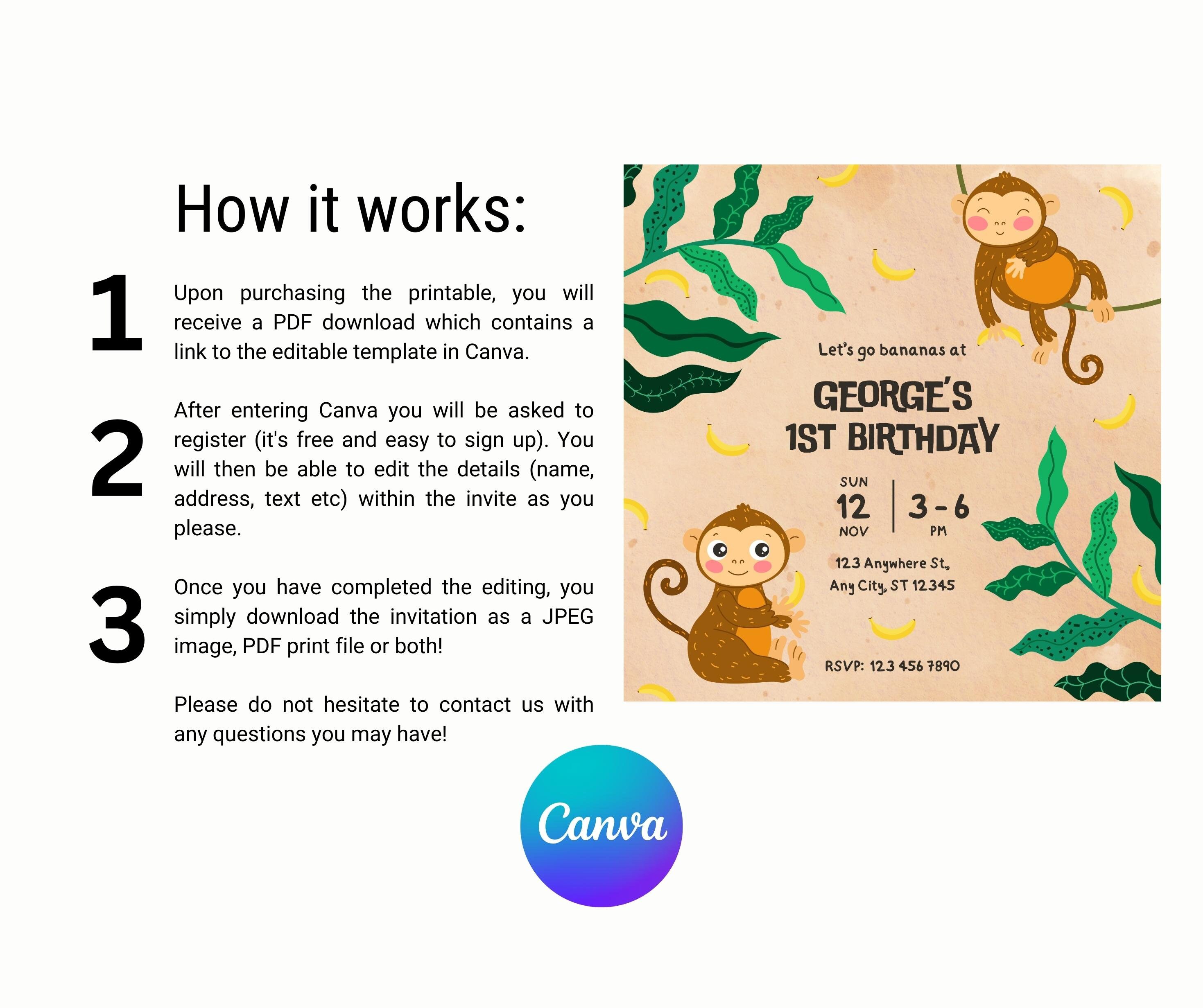 Editable Monkey in the Jungle Invitation, Let's Go Bananas, Kids ...