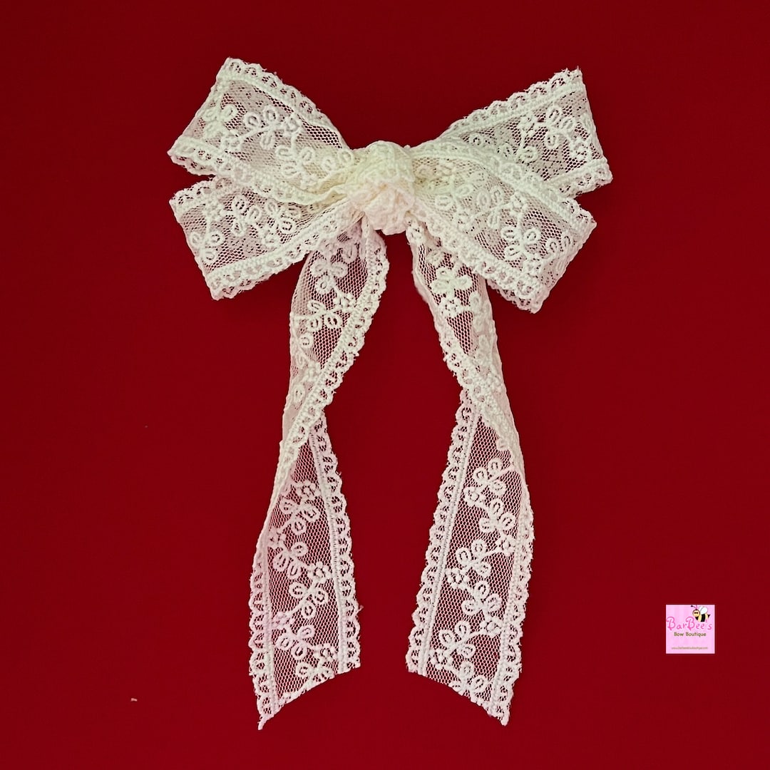 Ivory Mesh Lace Long Tail Hair Ribbon Bow Baby Girl Lace Hair Bow Hair ...