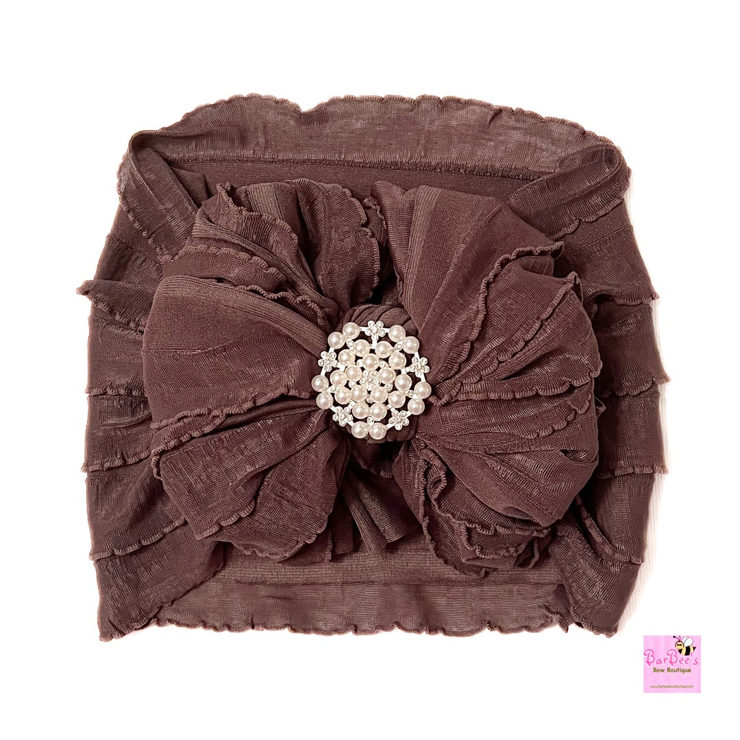 Chocolate Brown Ruffle Messy Bow Headwrap With Pearl Embellishment Baby ...