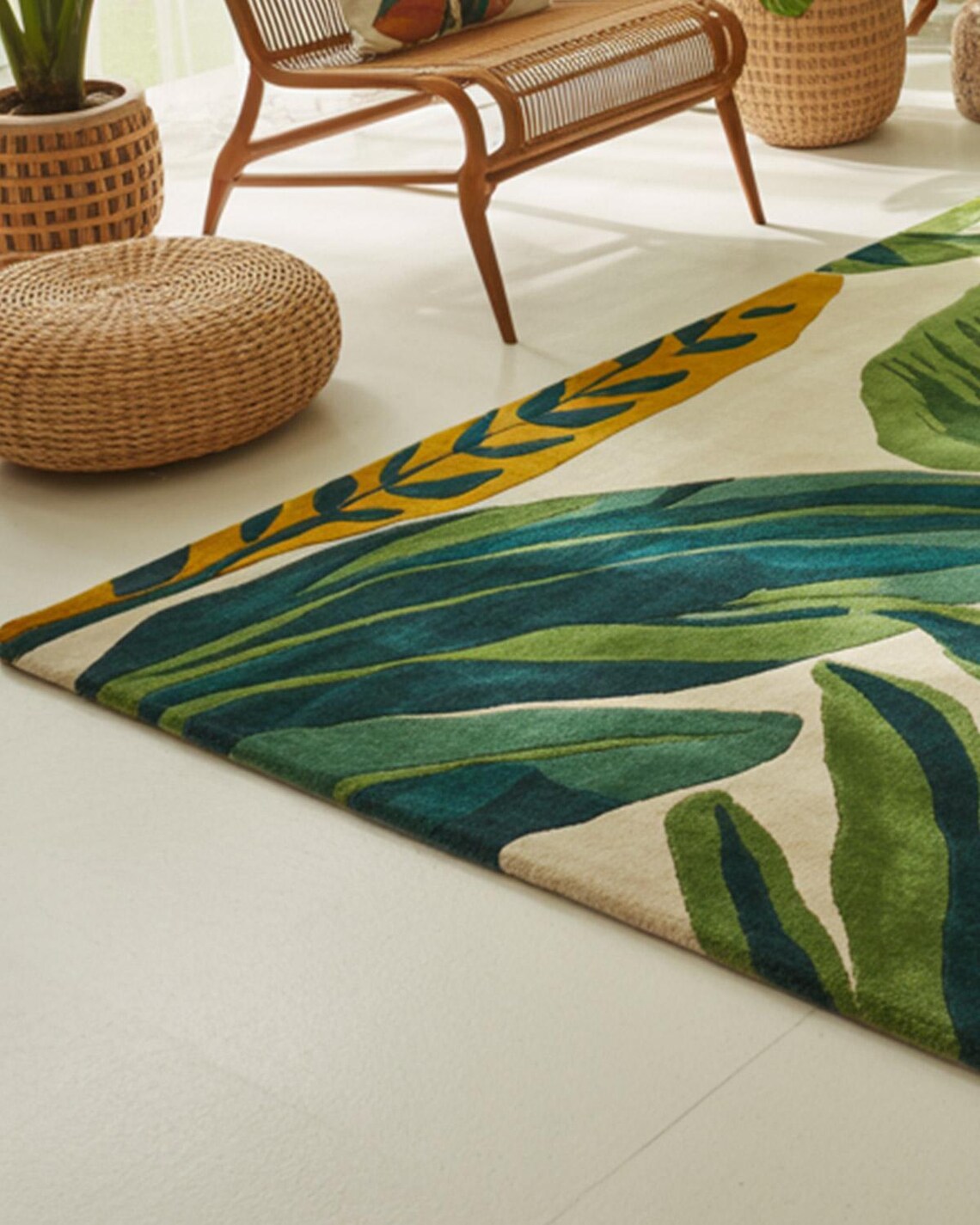 Hand-tufted Tropical Leaf Wool Rug – Green & Mustard Botanical Carpet ...