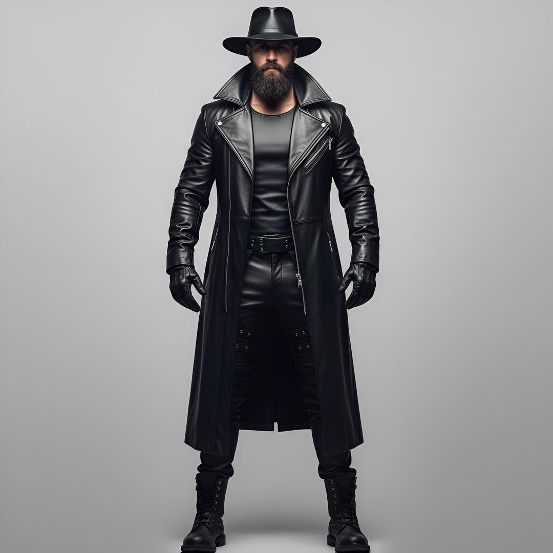 Men’s Black Leather Trench Coat Long Gothic Biker Duster Handmade ...