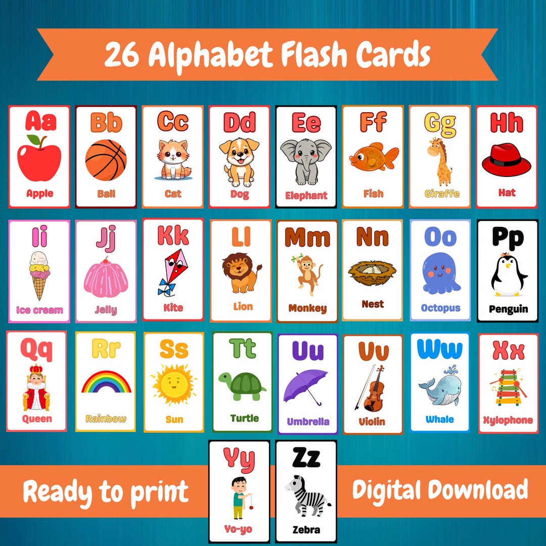 ABC Flash Cards: Kids Printable Alphabet With Suits (digital Download ...