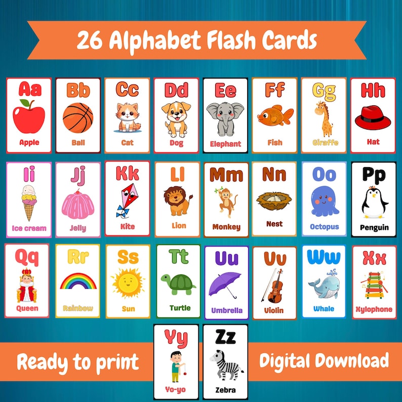 ABC Flash Cards: Kids Printable Alphabet With Suits (digital Download ...