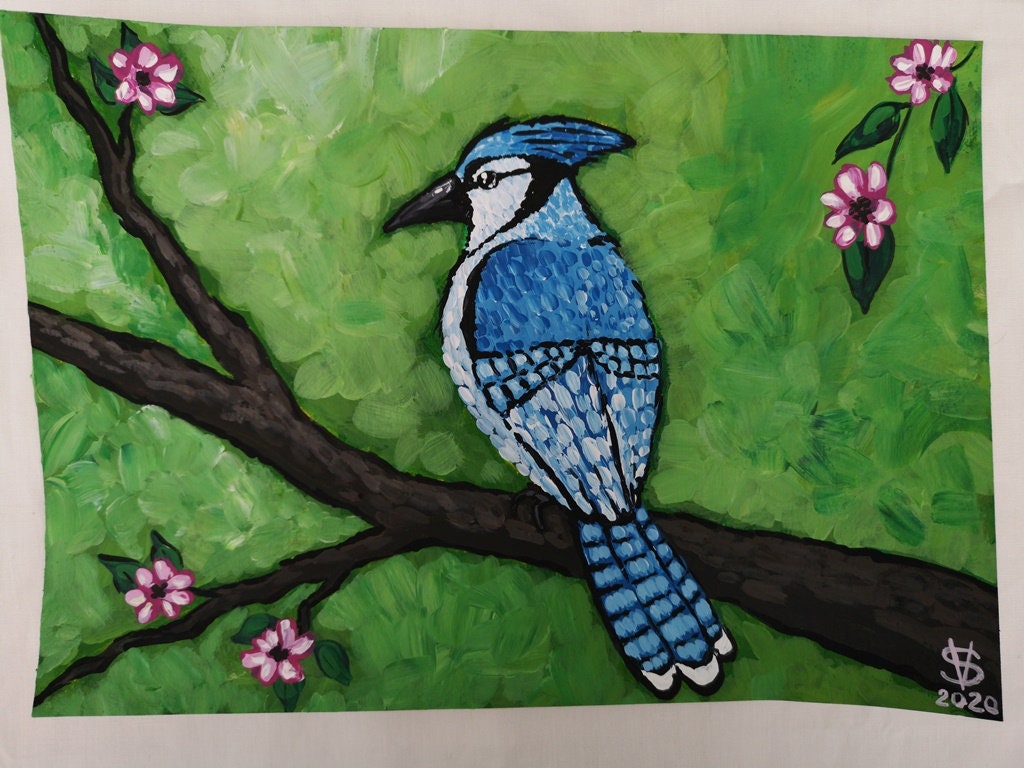 Blue jay Abstract art Acrylic bird painting made on A4 size | Etsy