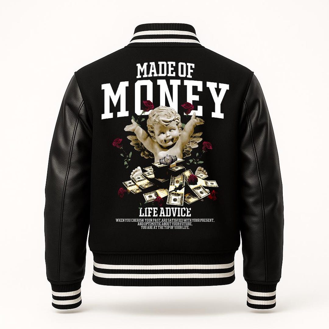 Unisex Black Varsity Made of Money Jacket With Leather Sleeves ...