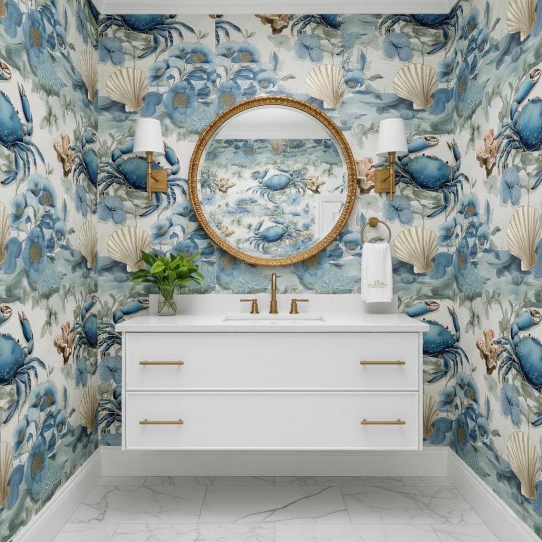 Blue Crab Coastal Wallpaper Mural – Ocean Shells, Removable Wall Art - Etsy
