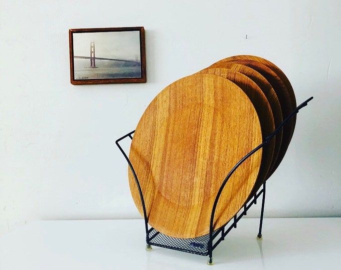 Vintage Teak Wood Plates With Black Wire Rack Set of 6 Mid - Etsy