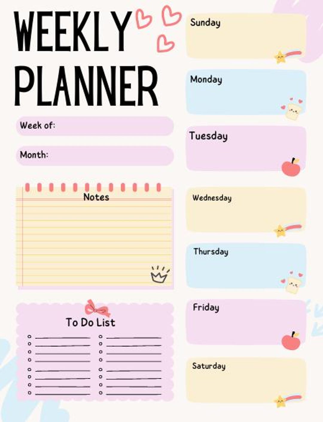 Kawaii Weekly Planner Printable | Pastel Organizer, To-do List (PDF) - Etsy