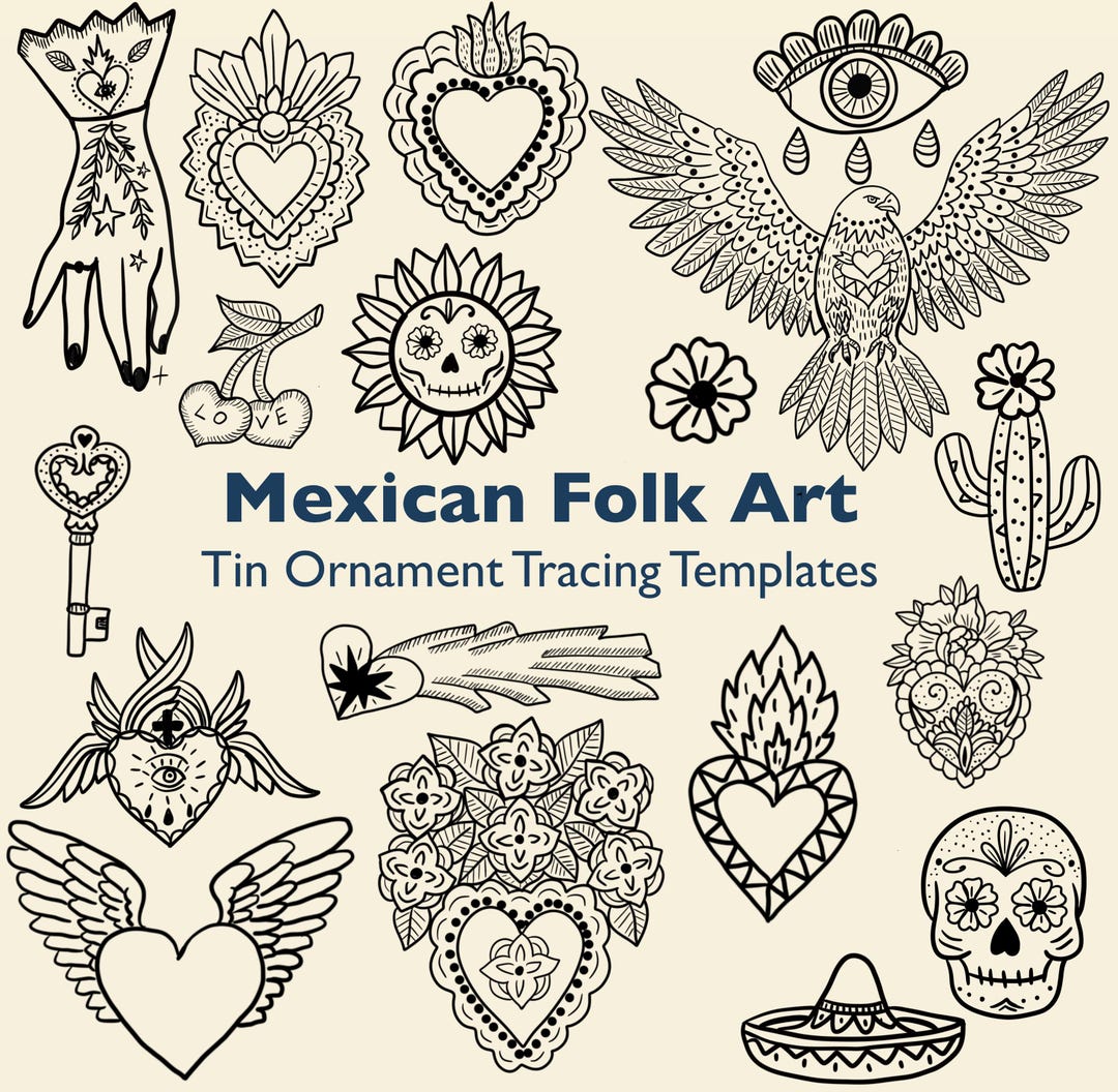 Mexican Folk Art Sacred Heart Templates – Tin Ornament Tracing Set ...