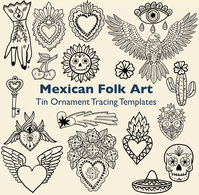 Mexican Folk Art Sacred Heart Templates – Tin Ornament Tracing Set ...