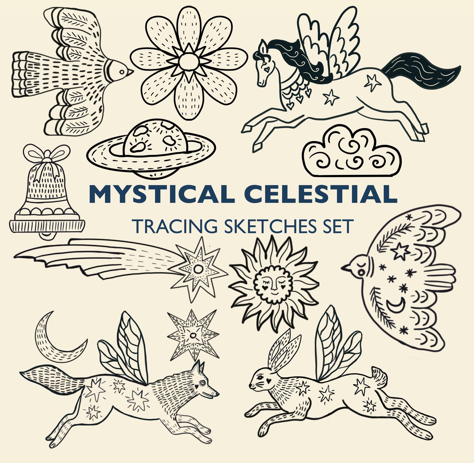 Mystical Celestial Tracing Sketches – Embossing Templates, Digital ...