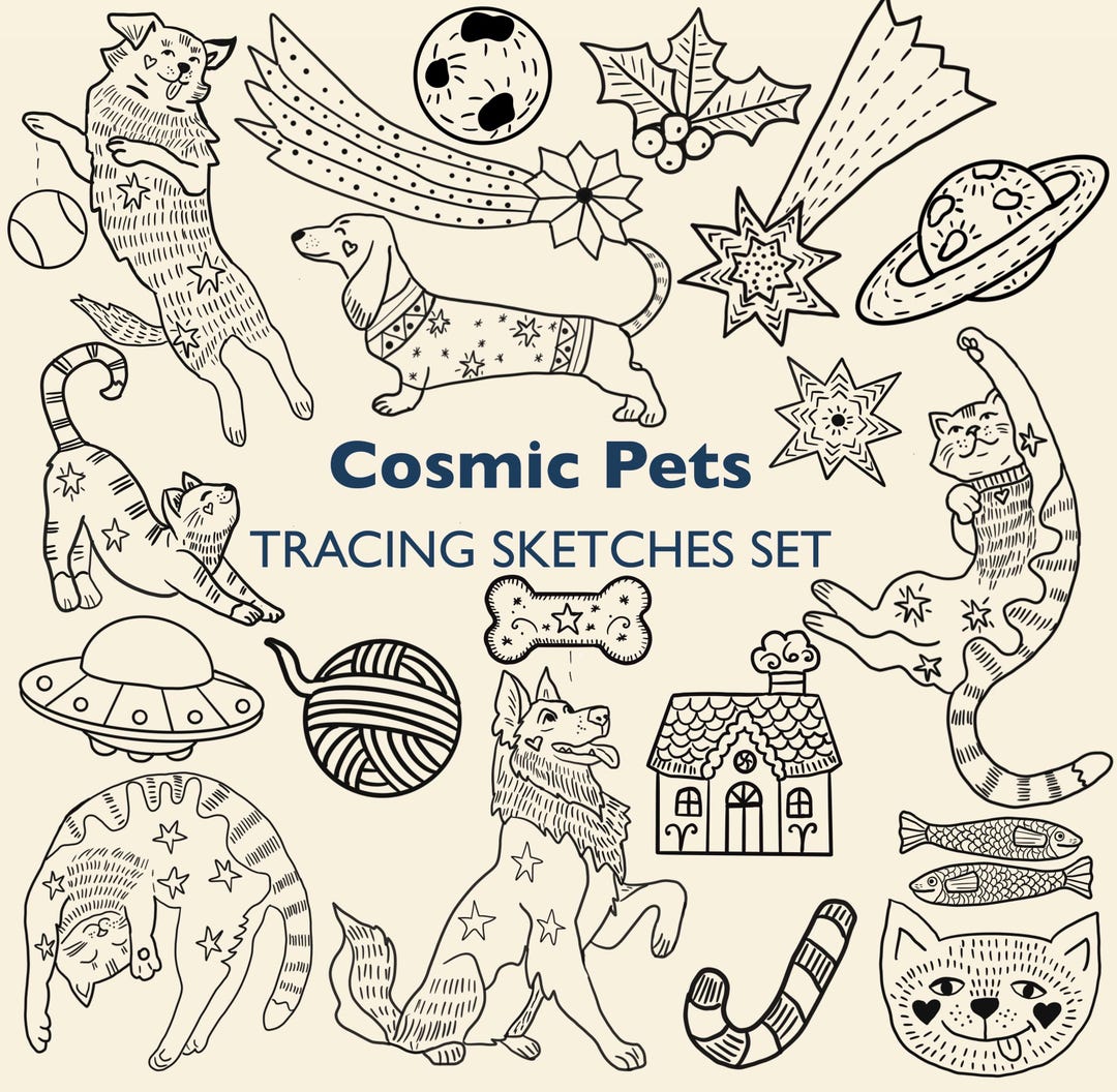 Cosmic Pets Tracing Templates – Celestial Cat & Dog Sketches (digital ...