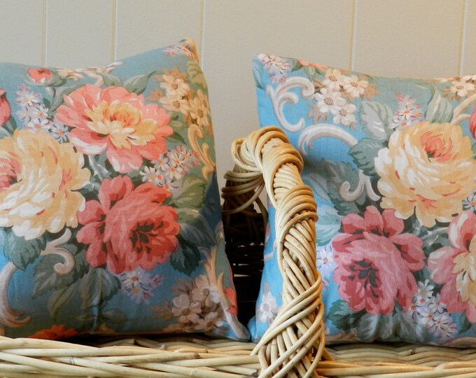 Pair of Aqua Cottage Rose Pillows - Etsy