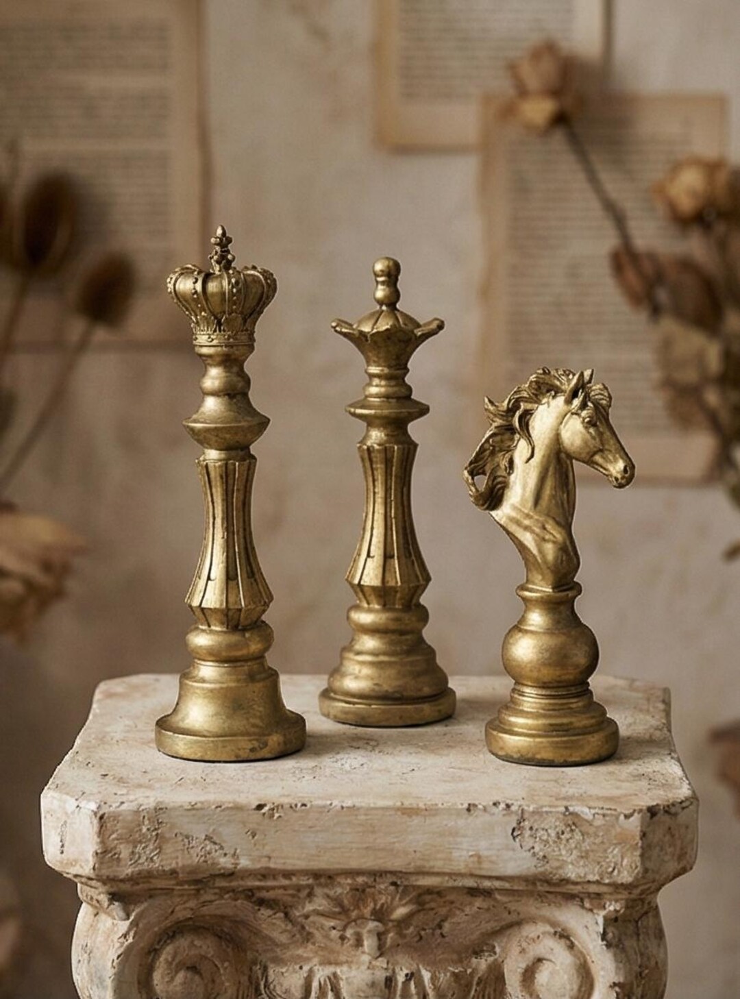 Gold Tone Chess Decor Set, King Queen Knight Figurines, Luxury Chess ...