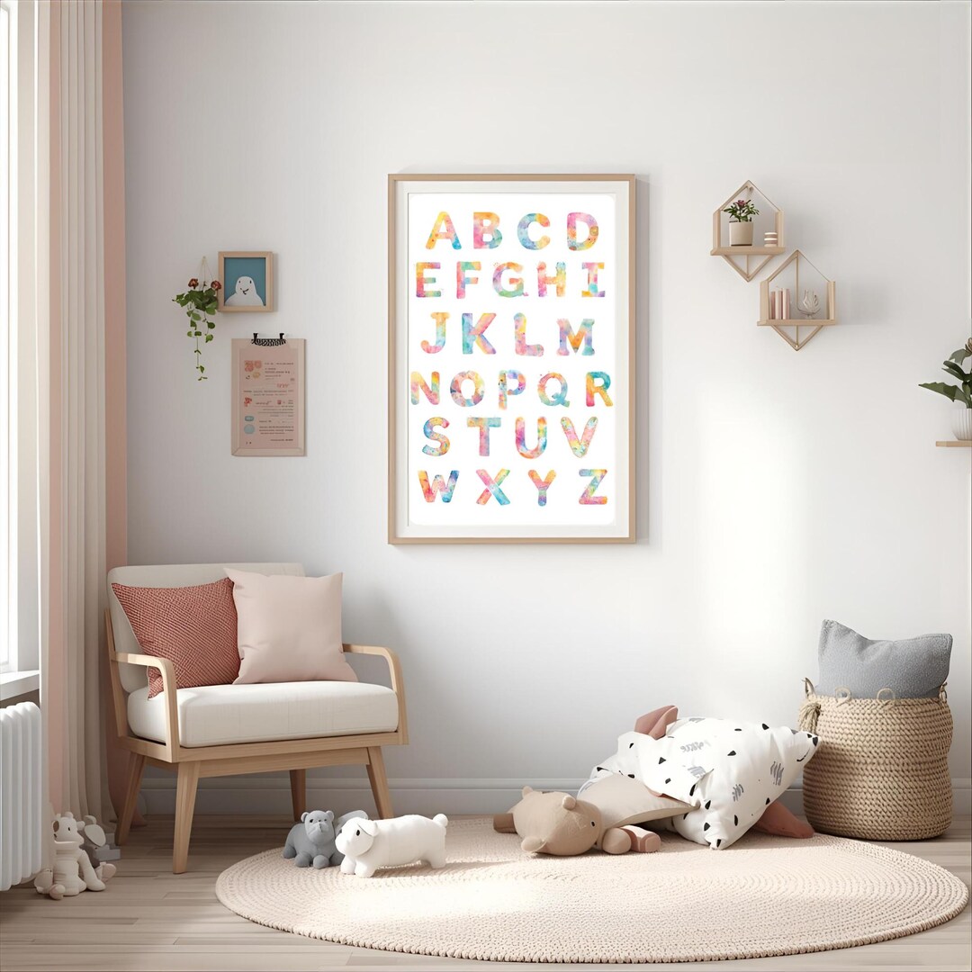 Printable Watercolor Alphabet Poster - Colorful Alphabet for Kids Room ...