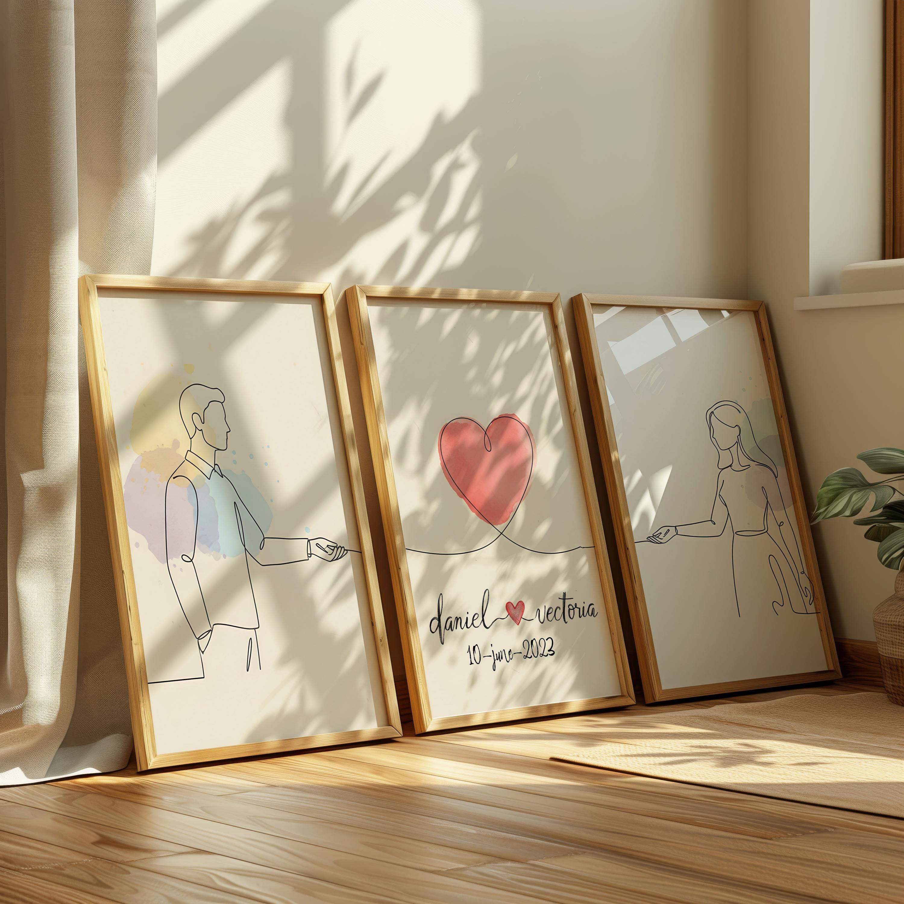 Personalized Couple Line Art Set of 3 Prints, Custom Minimalist Wall ...