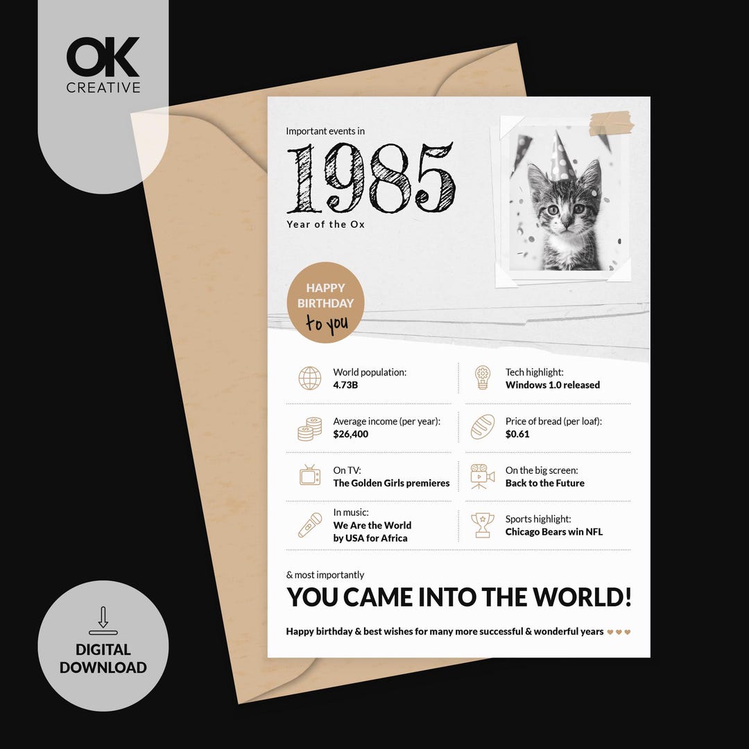 Printable 1985 Birthday Card - Brown | Important Retro Facts From 1985 ...