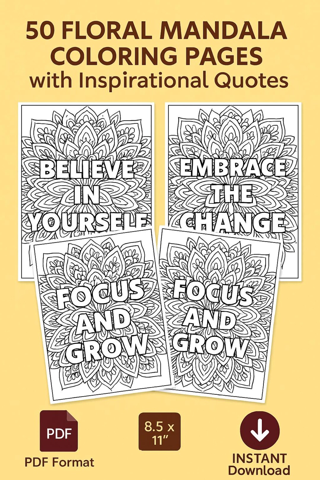 50 Floral Mandala Coloring Pages: Inspirational Quotes (PDF) - Etsy