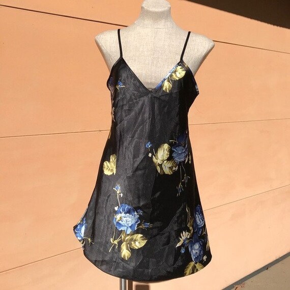 Vintage 90s Satin Slip Dress Blue Roses Large - Gem