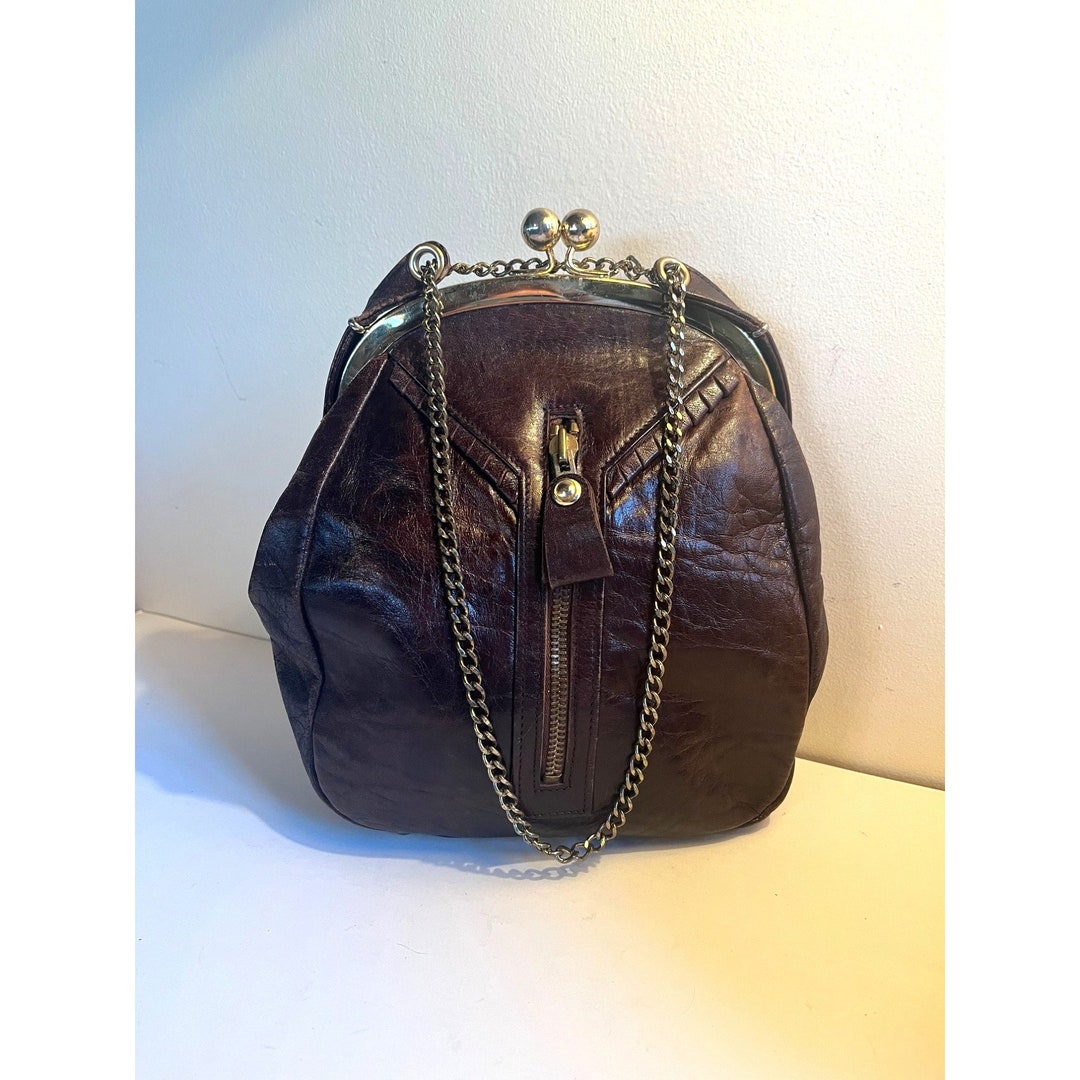 1950s Dofan French Leather Kiss Lock Frame Bag Chain Strap Zip Front ...