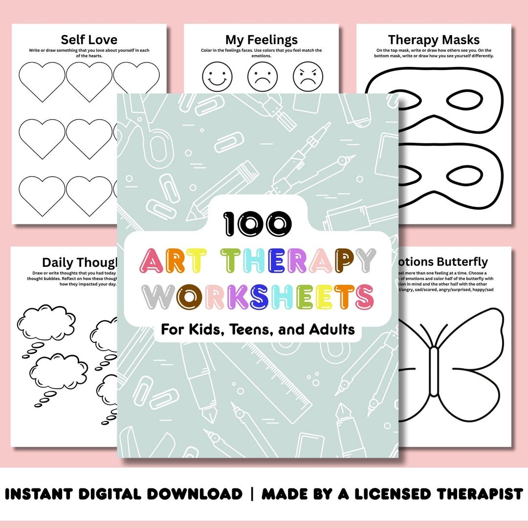 Art Therapy 100 Worksheets for Kids, Teens, and Adults | CBT, DBT ...