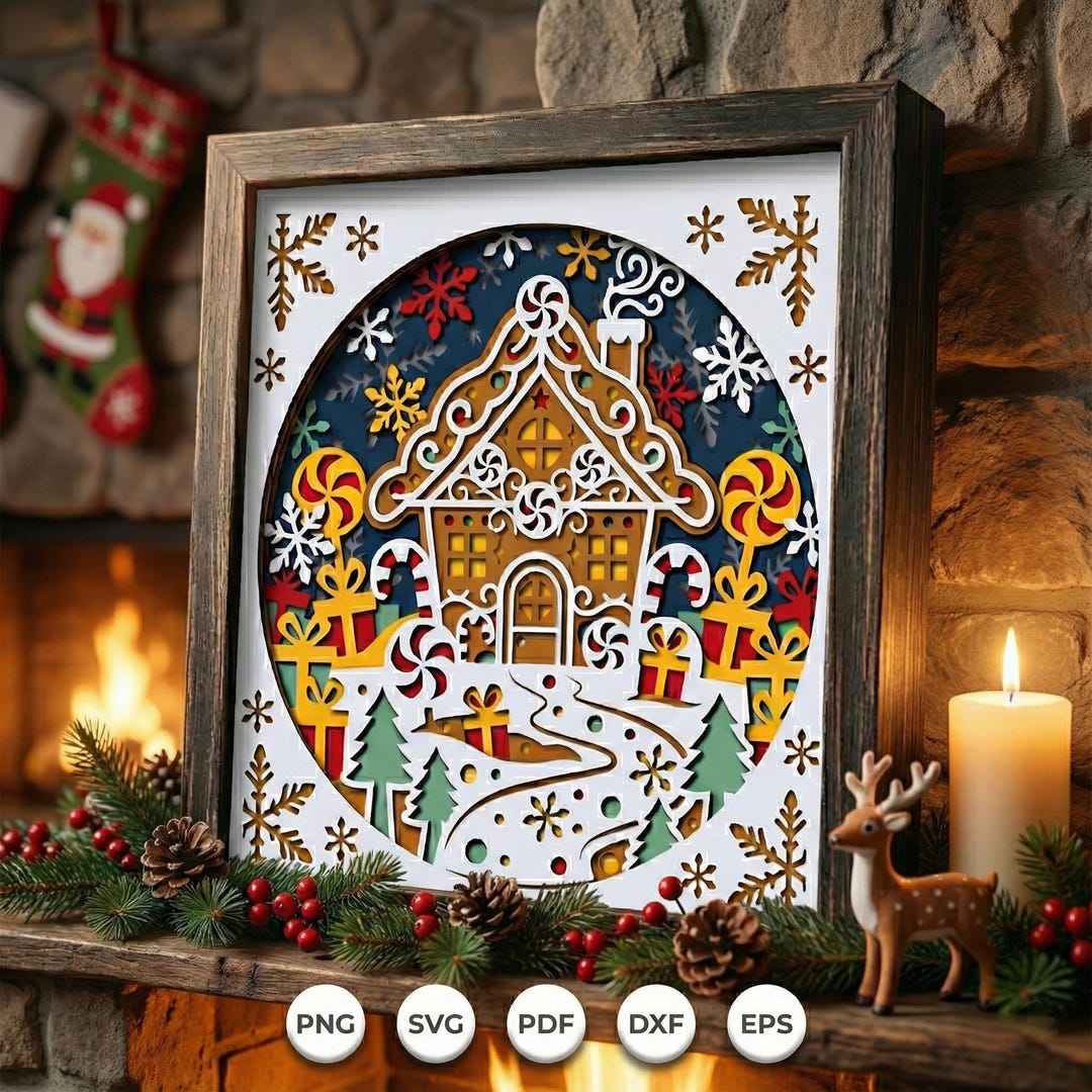 Gingerbread House Shadow Box SVG, Christmas Candy 3D Layered Lightbox ...