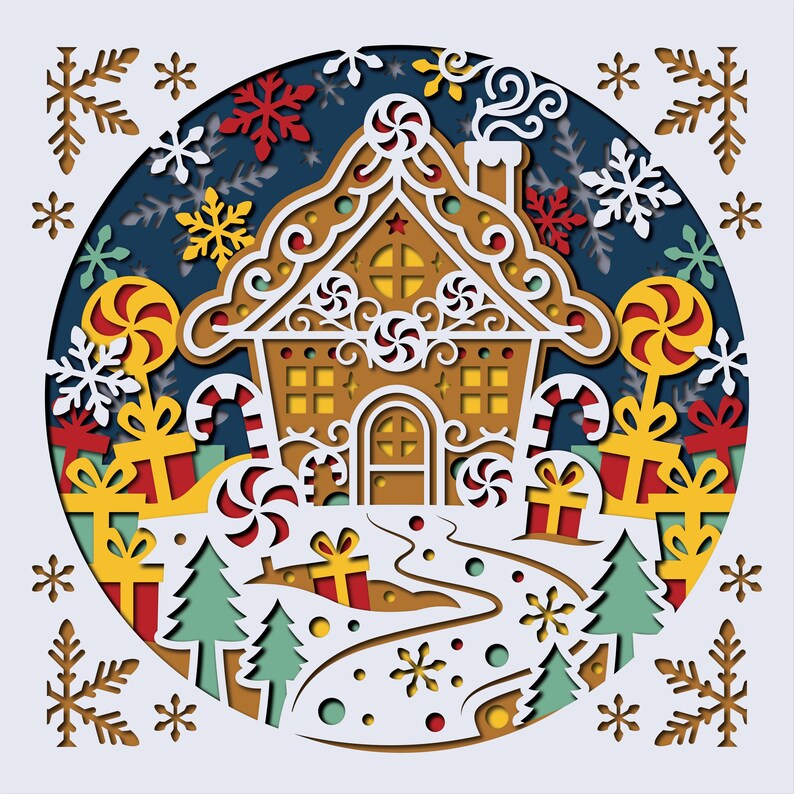 Gingerbread House Shadow Box SVG, Christmas Candy 3D Layered Lightbox ...