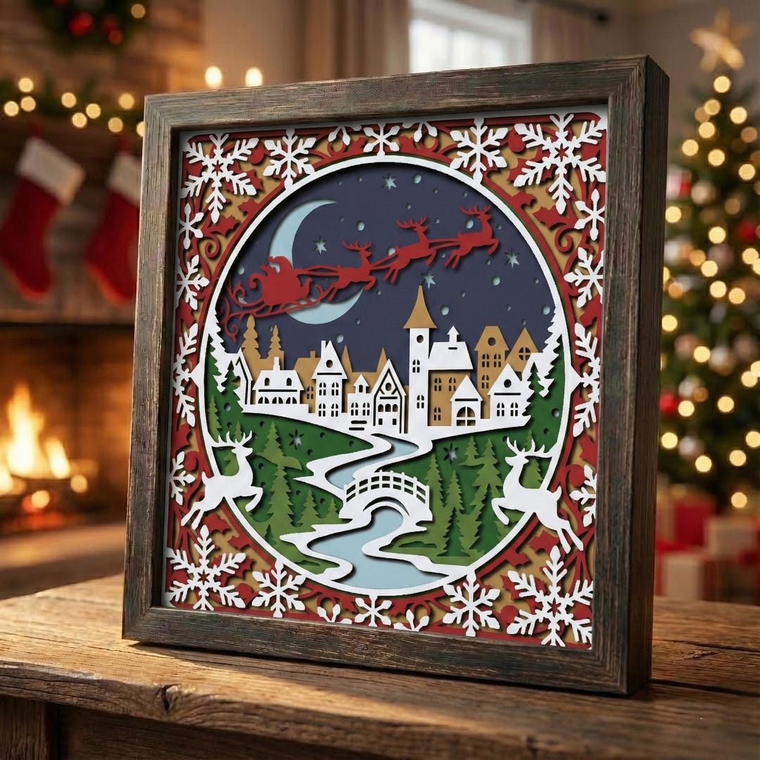 Christmas Village Shadow Box SVG, Santa Sleigh 3D Layered Lightbox ...
