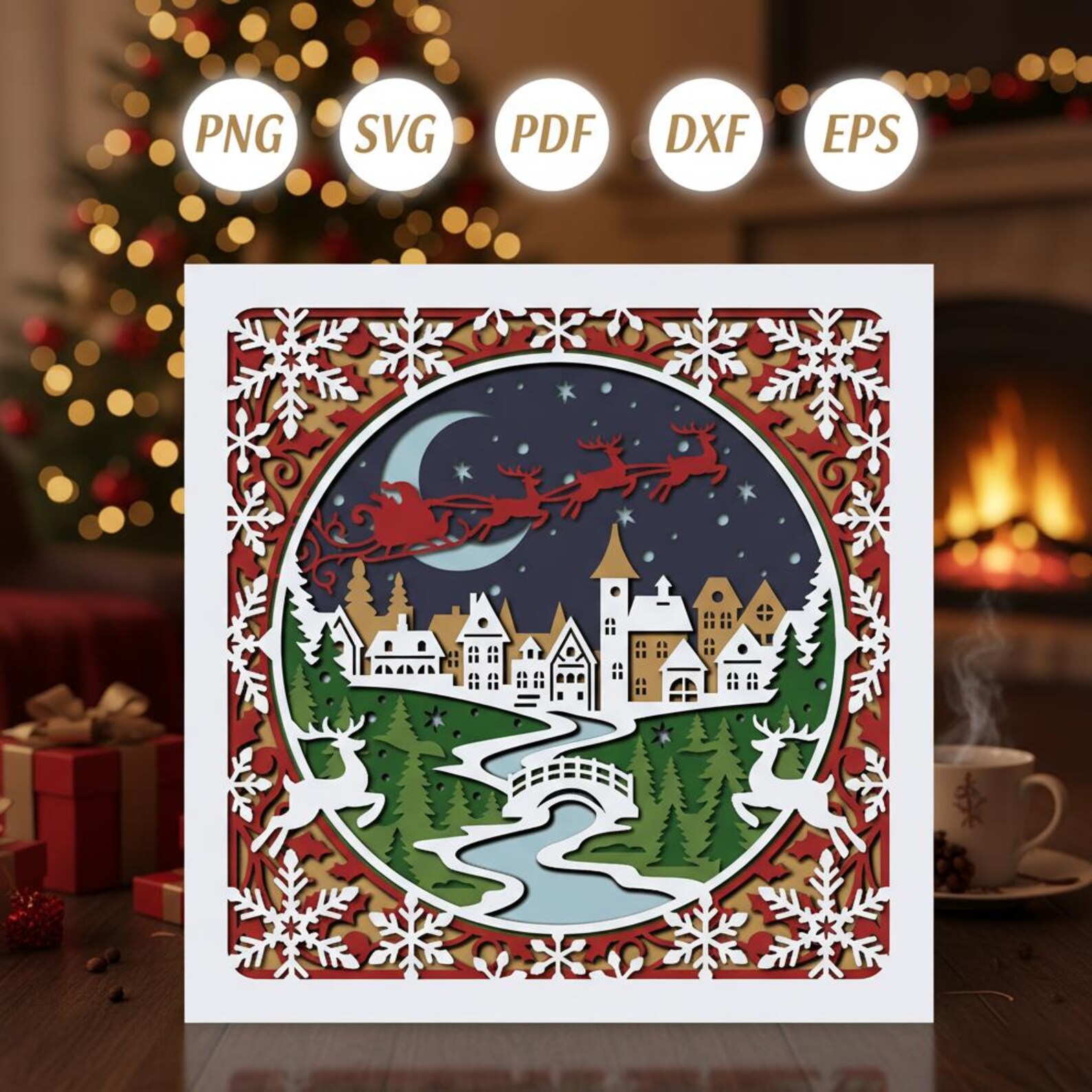 Christmas Village Shadow Box SVG, Santa Sleigh 3D Layered Lightbox ...