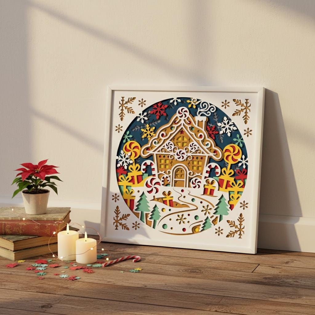 Gingerbread House Shadow Box SVG, Christmas Candy 3D Layered Lightbox ...