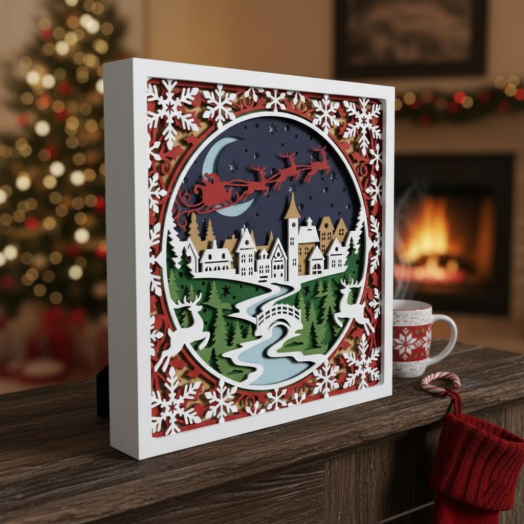 Christmas Village Shadow Box SVG, Santa Sleigh 3D Layered Lightbox ...