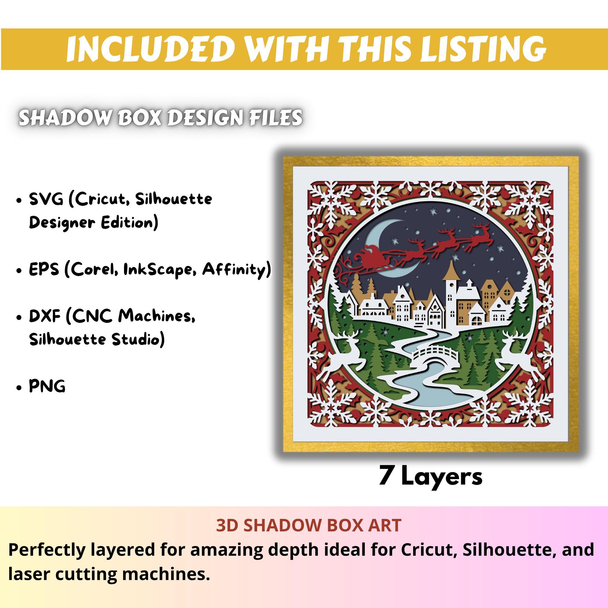 Christmas Village Shadow Box SVG, Santa Sleigh 3D Layered Lightbox ...