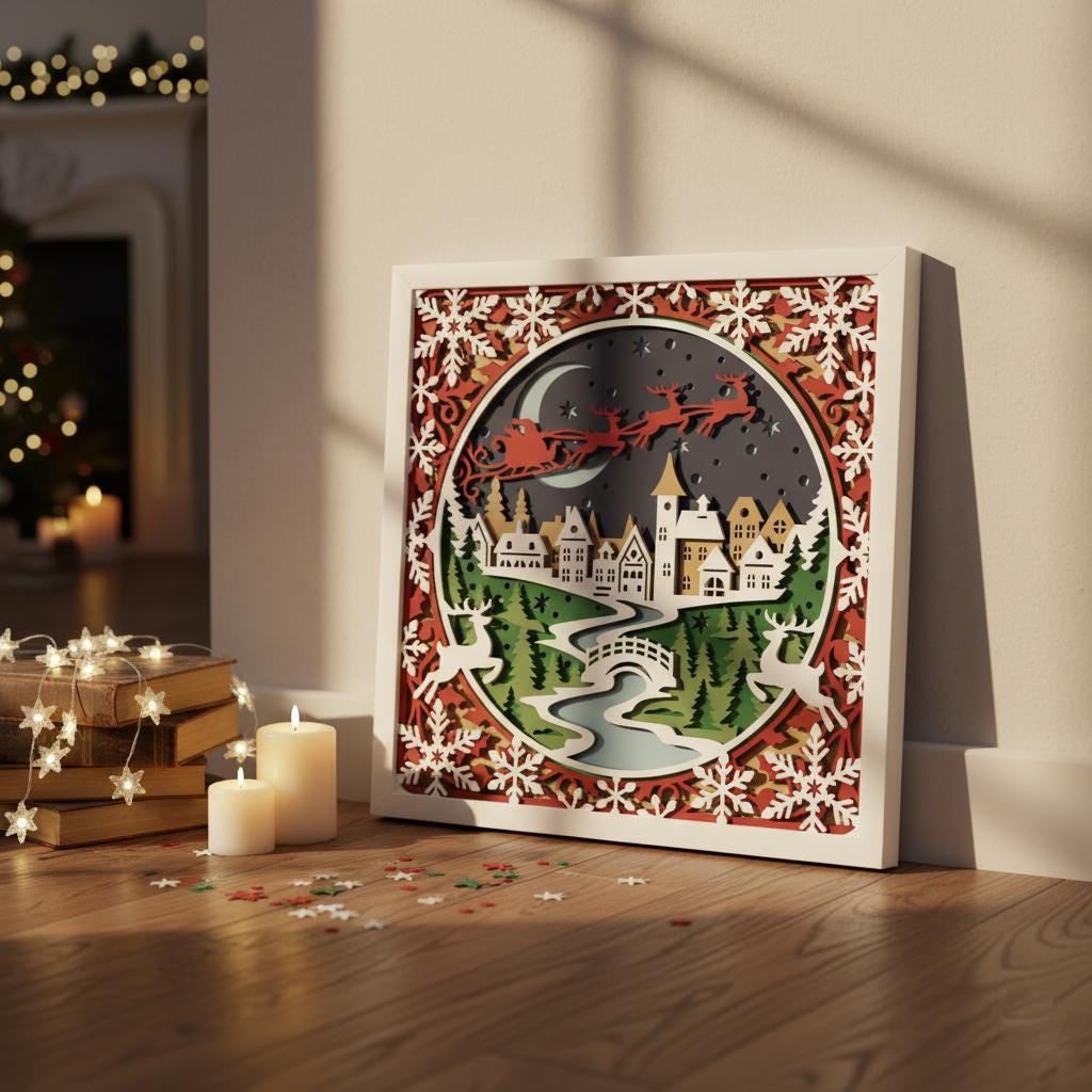 Christmas Village Shadow Box SVG, Santa Sleigh 3D Layered Lightbox ...